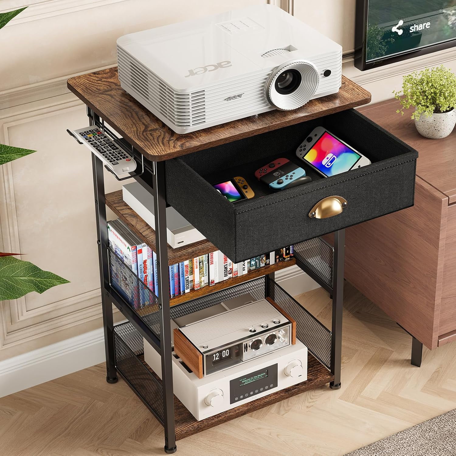 4-Tier AV Media Stand with Drawer, Video Game Console Shelf with 2 ...