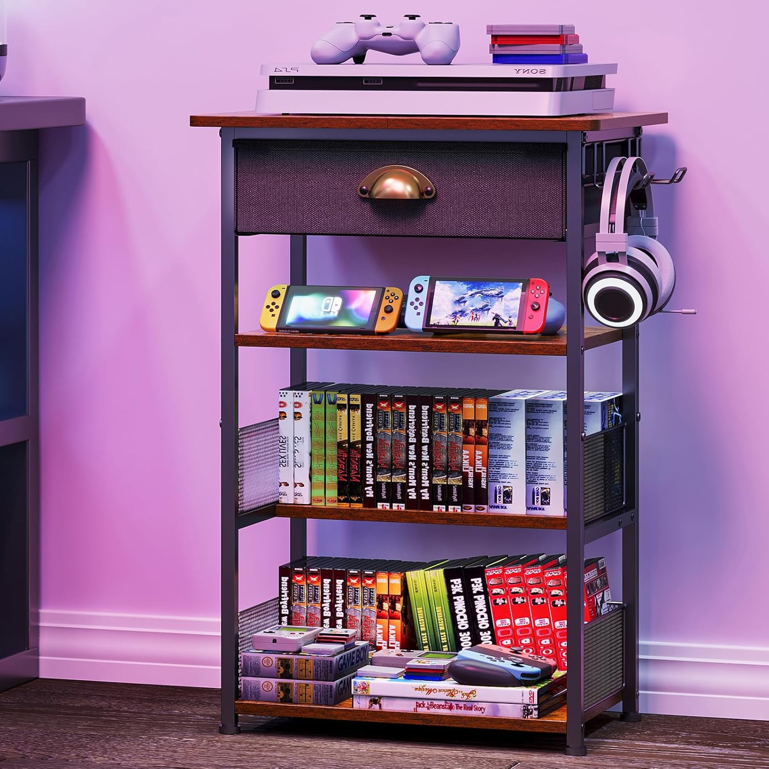 4-Tier AV Media Stand with Drawer, Video Game Console Shelf with 2 ...