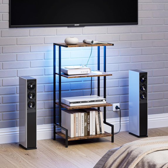 4-Tier AV Media Stand with Power Outlet and LED Lights,Wooden Stereo ...