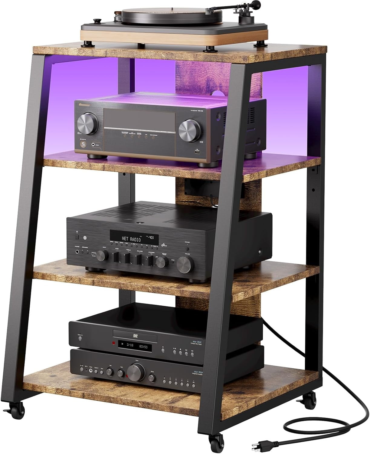 4 Tier AV Media Stand with Power Outlets, Stereo Racks with LED Lights ...