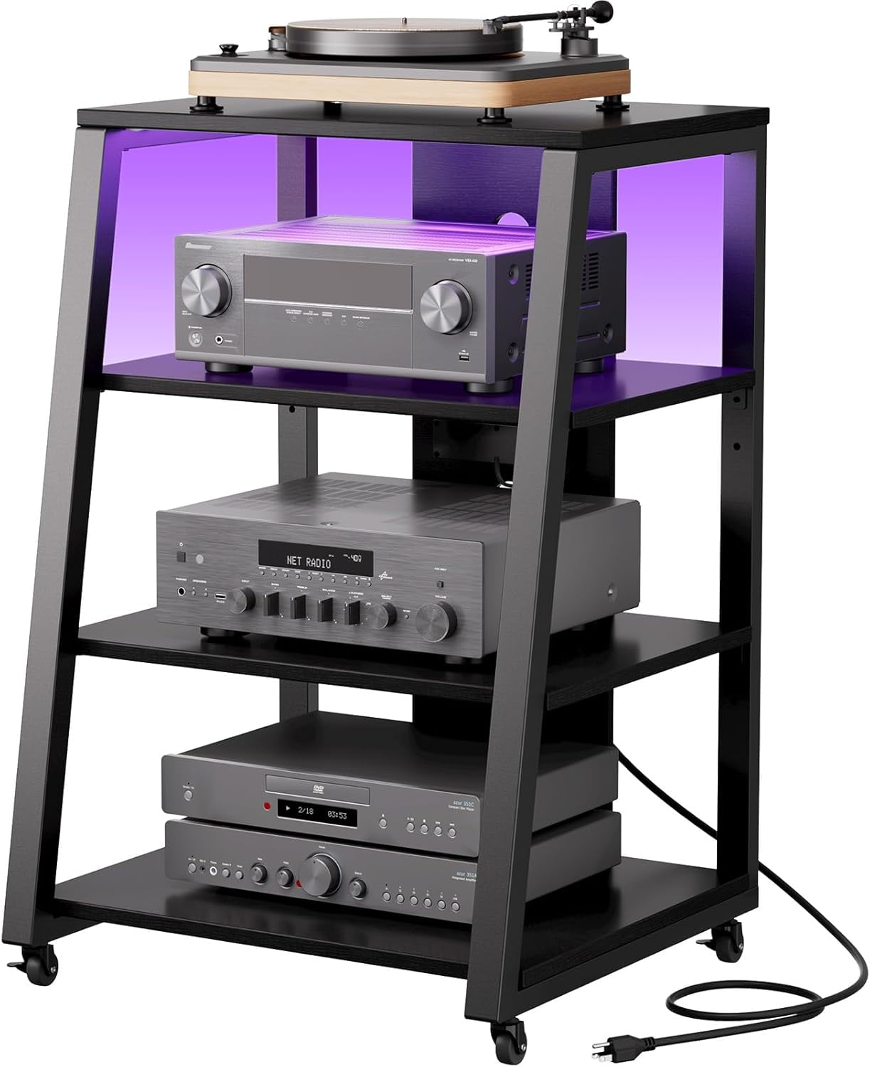 4 Tier AV Media Stand with Power Outlets, Stereo Racks with LED Lights ...