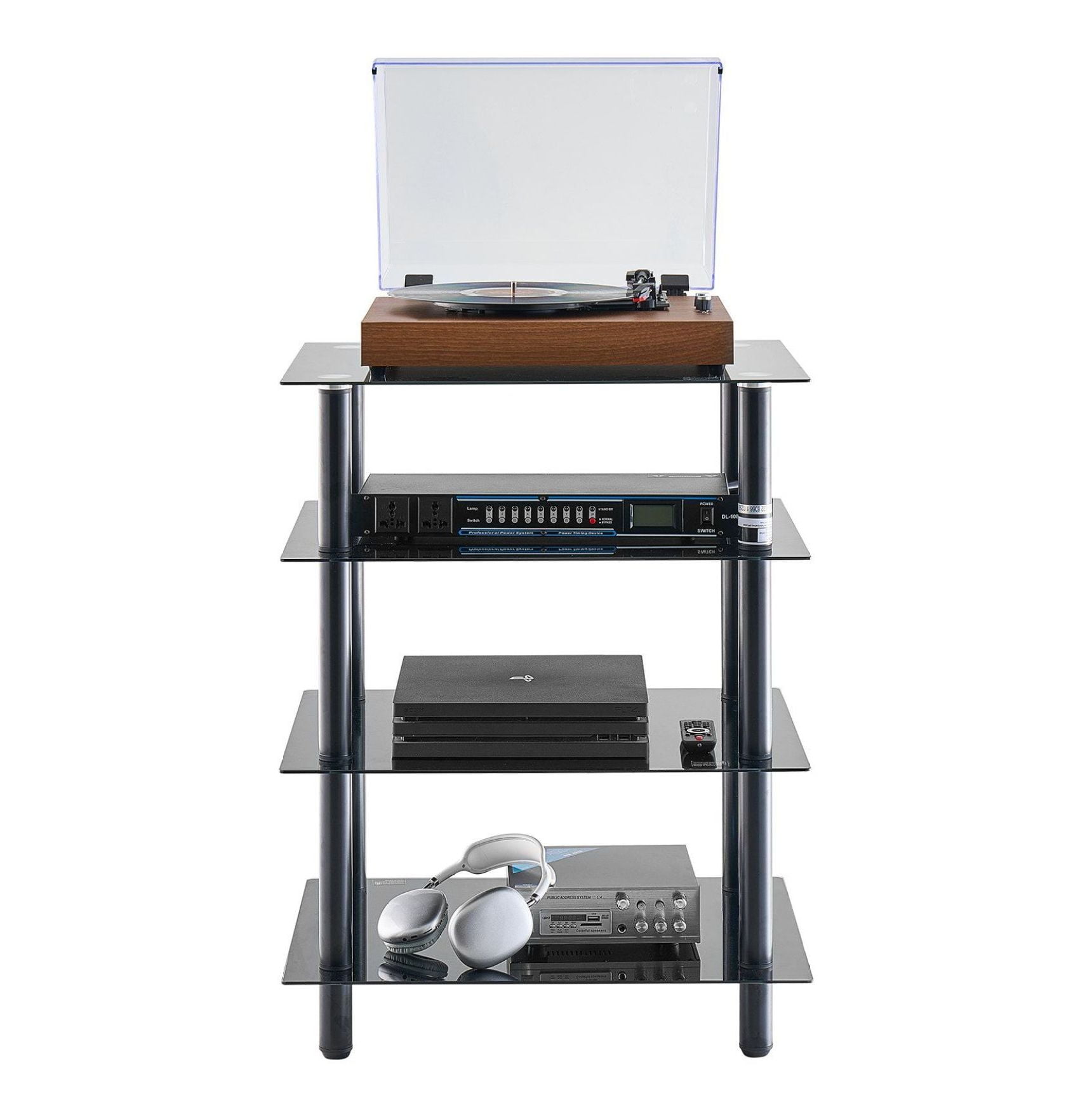 4-Tier AV Media Stand - Tempered Glass, Corner Shelf Design, for Stereo ...