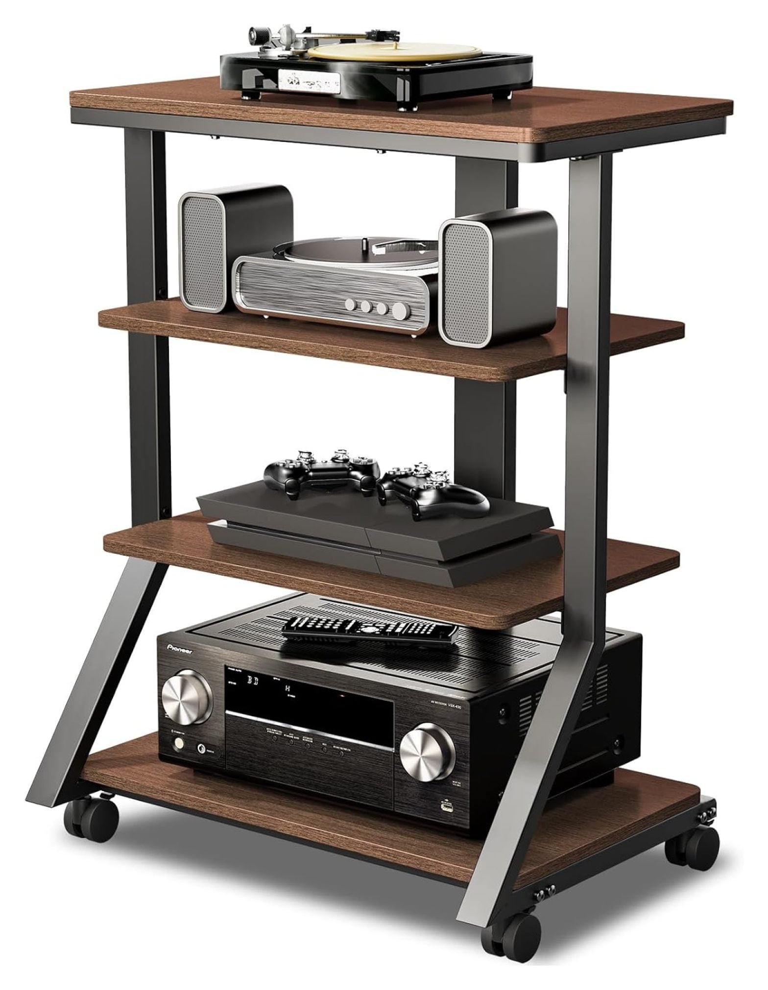 4-Tier AV Media Stand with Wheels, Mobile Rack Audio Tower with Height ...