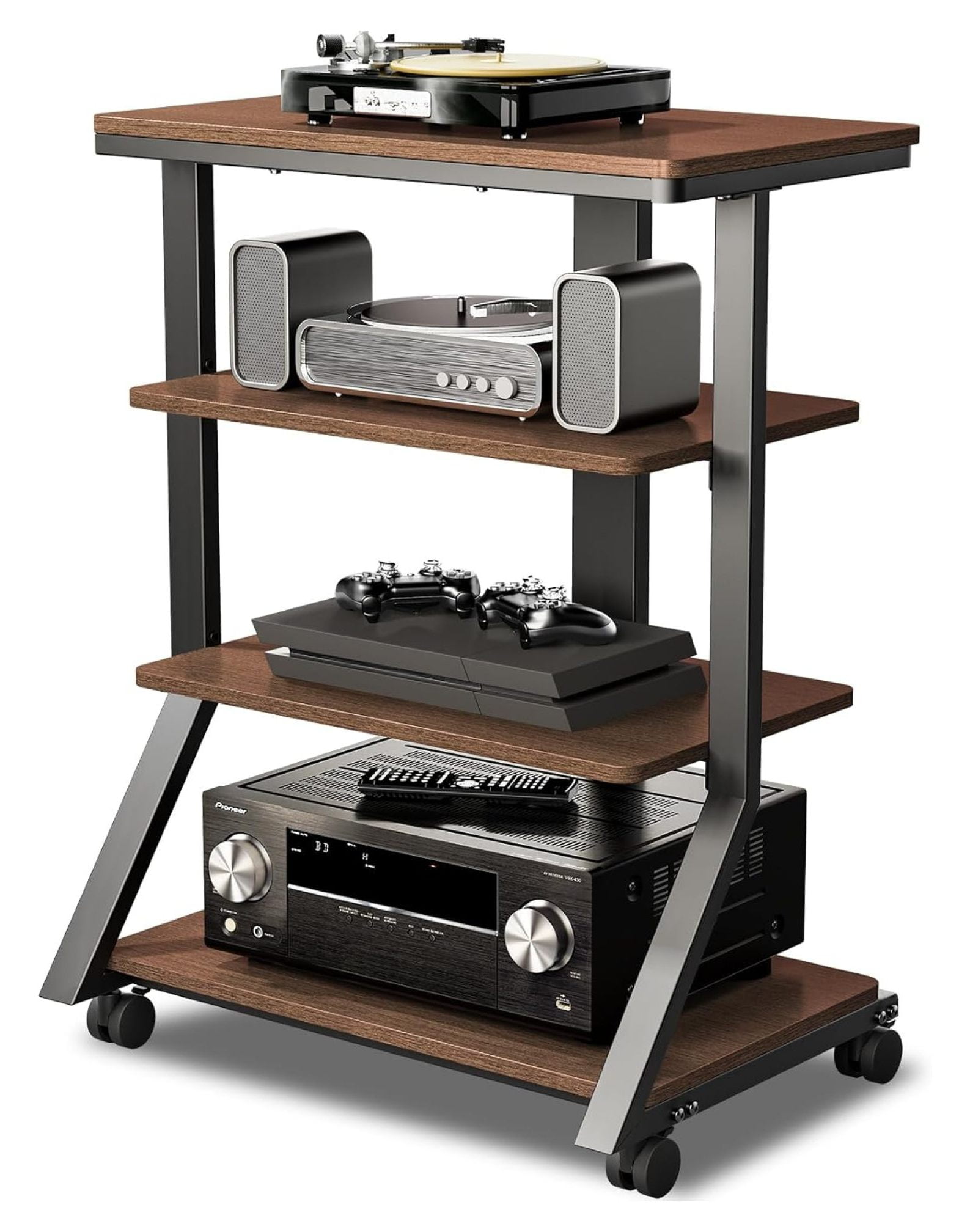 4-Tier AV Media Stand with Wheels, Mobile Rack Audio Tower with Height ...