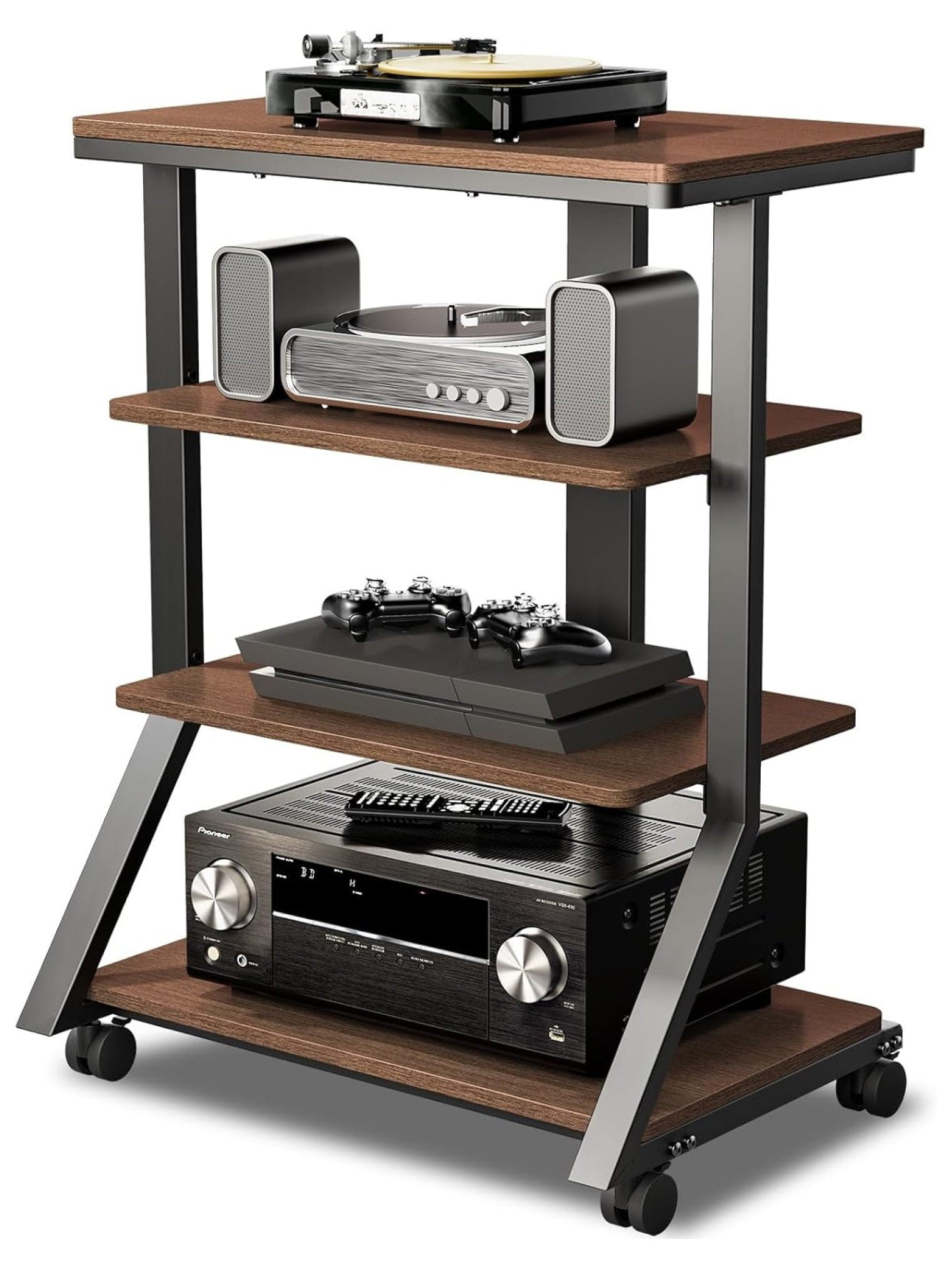 4-Tier AV Media Stand with Wheels, Mobile Rack Audio Tower with Height ...