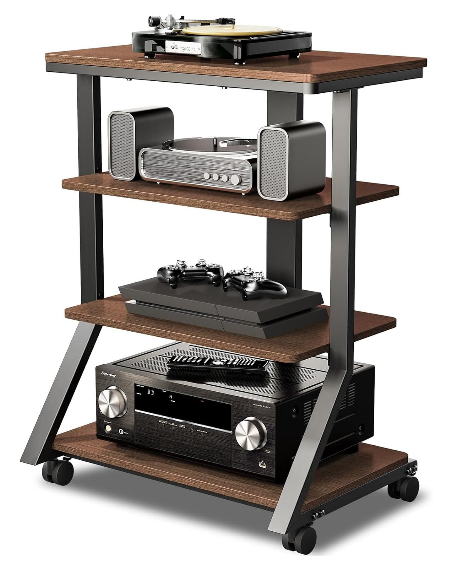 4-Tier AV Media Stand with Wheels, Mobile Rack Audio Tower with Height ...
