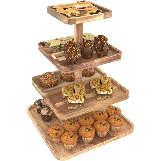 4-Tier Acacia Wood Cupcake Stand,Can Be Divided Into 4 Snack Tray ...