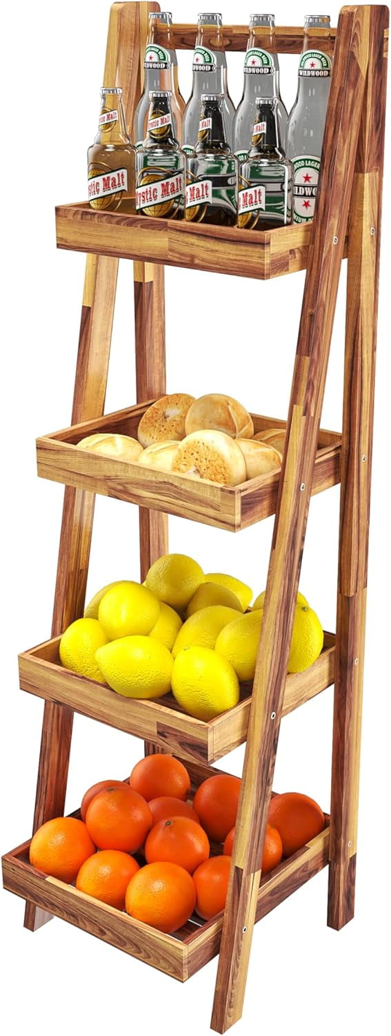 4-Tier Acacia Wood Display Ladder Shelf, Rustic Storage Stand for ...