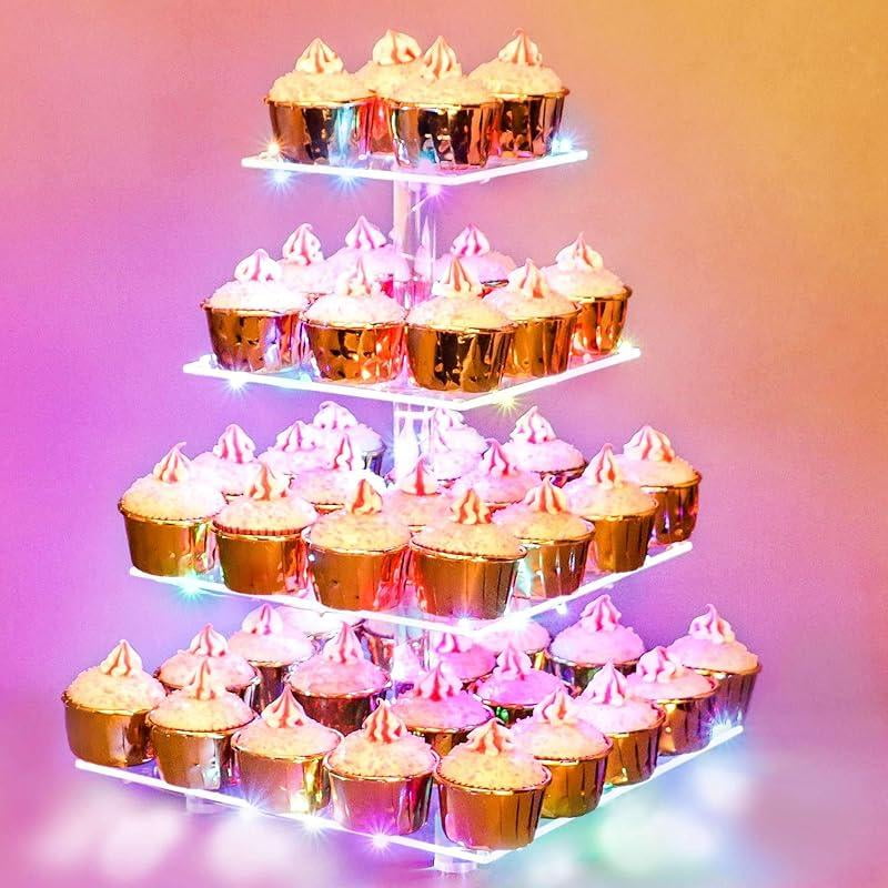4 Tier Acrylic Cupcake Display Stand, Cupcake Tower Stand with Light ...