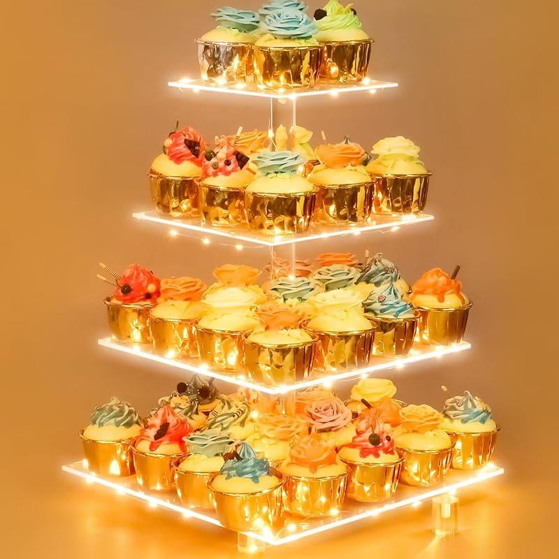 4 Tier Acrylic Cupcake Display Stand, Cupcake Tower Stand with Light ...