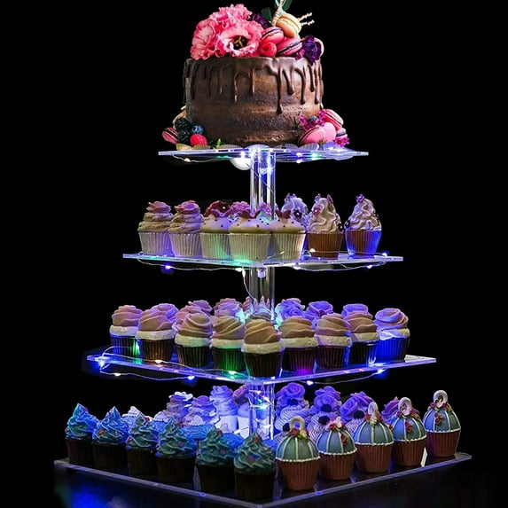 4 Tier Acrylic Cupcake Tower Stand, Clear Square Dessert Treat Display ...