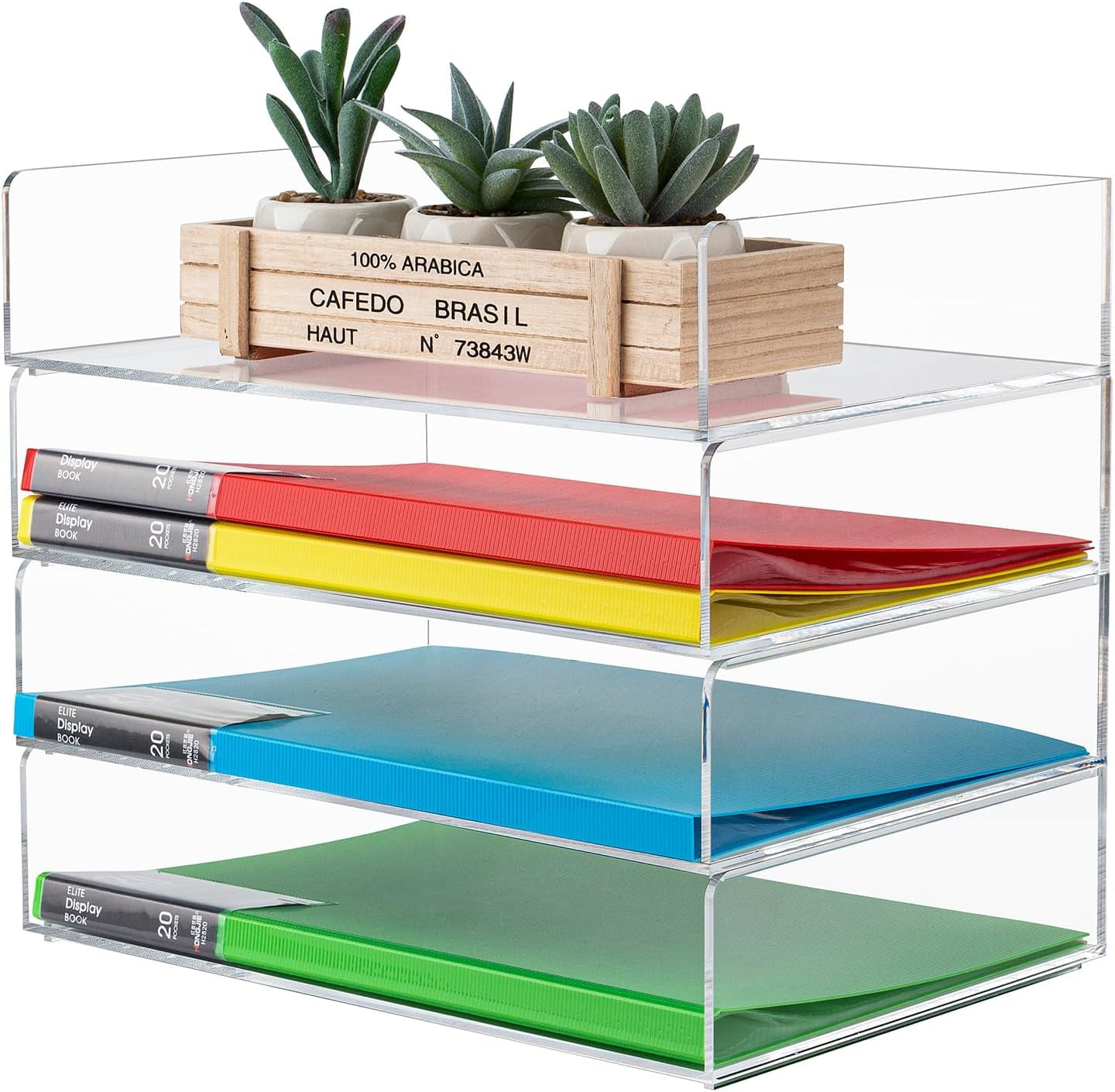 4 Tier Acrylic Desk Organizers and Storage, Stackable Clear Paper File ...