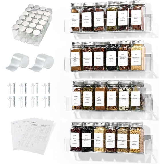 4-Tier Acrylic Wall Mount Spice Rack, Spice Organizer with 24 Glass ...