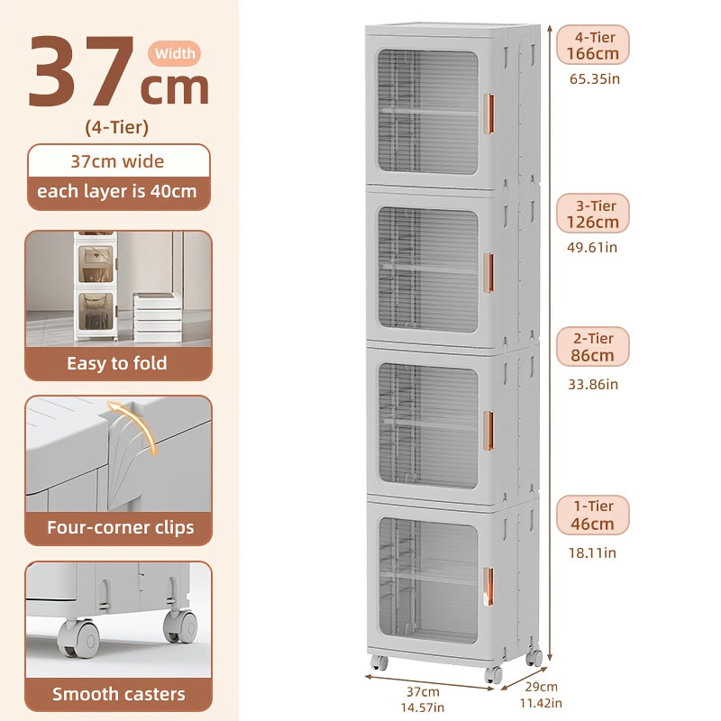 4-Tier Adjustable Folding Storage Cabinet with Clear Doors & Rolling ...