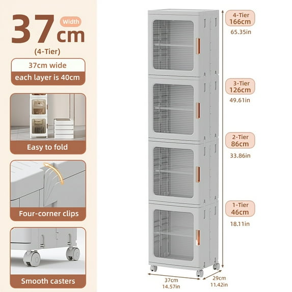 4-Tier Adjustable Folding Storage Cabinet with Clear Doors & Rolling ...