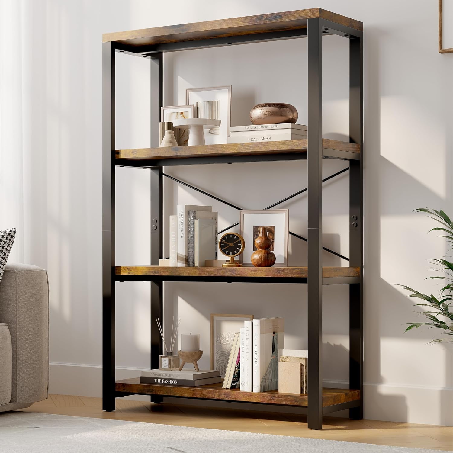 4-Tier Adjustable Heavy Duty Bookshelf, Industrial Wooden Open Storage ...