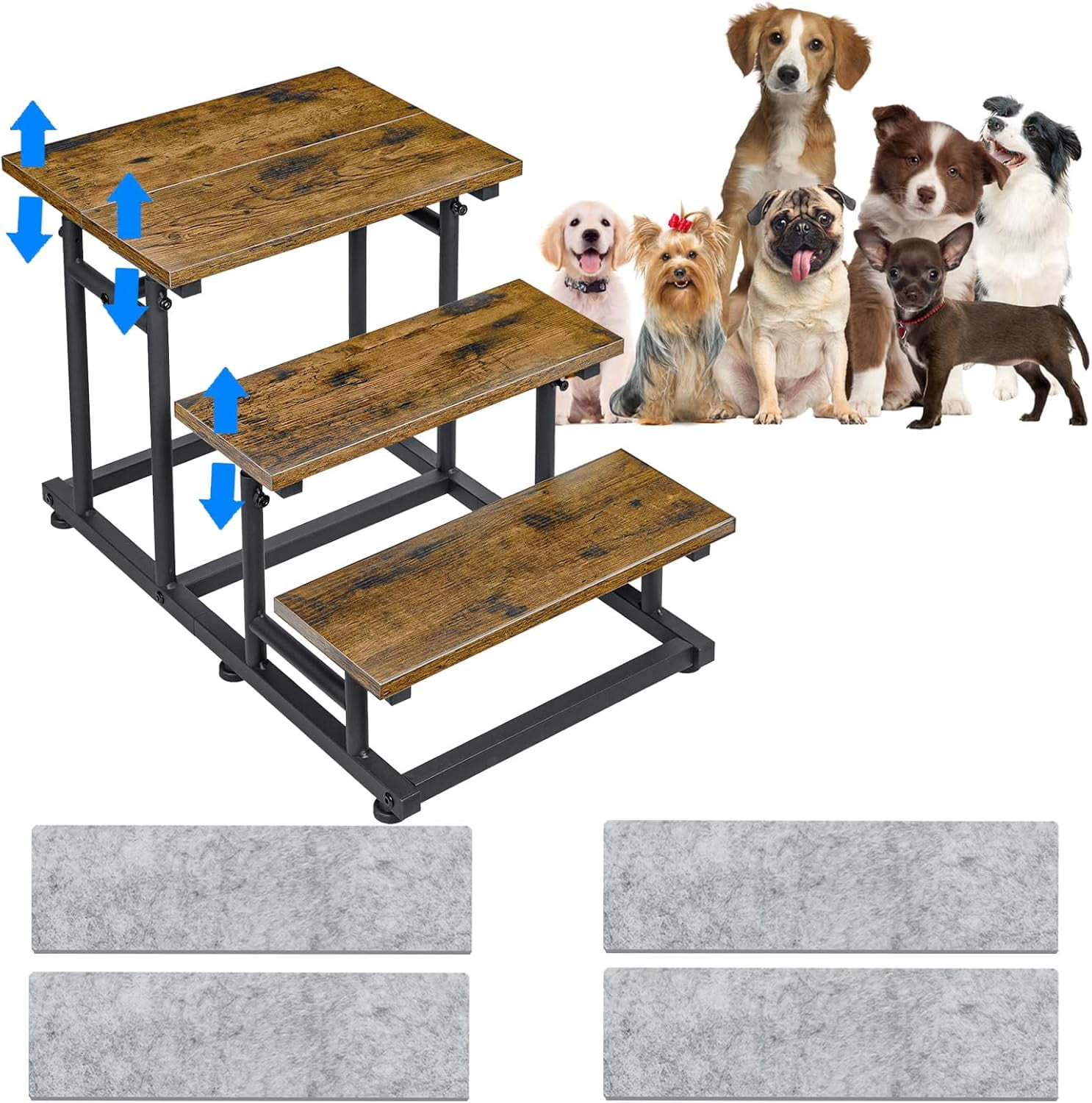 4 -Tier Adjustable Pet Dog Stairs for High Bed & Couch, Vintage Wood ...