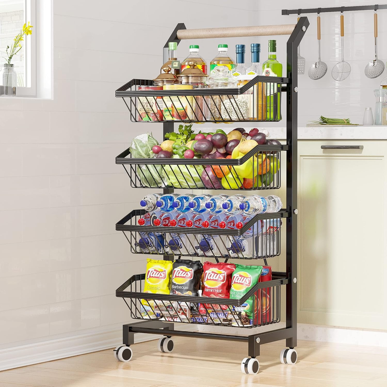 4-Tier Adjustable Snack Cart with Wheels Fruit Rack for Vegetables and ...