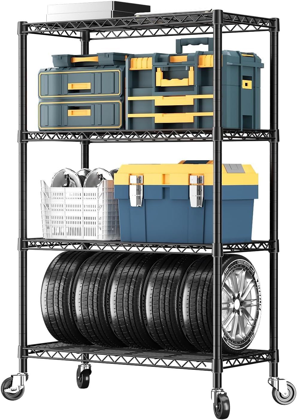 4 Tier Adjustable Storage Shelf with Wheels,Heavy Duty Storage Shelving ...
