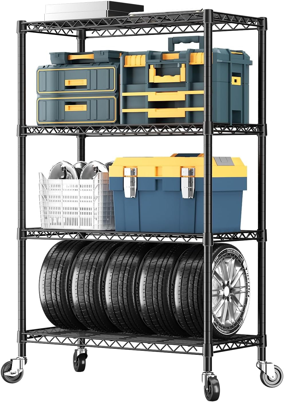4 Tier Adjustable Storage Shelf with Wheels,Heavy Duty Storage Shelving ...