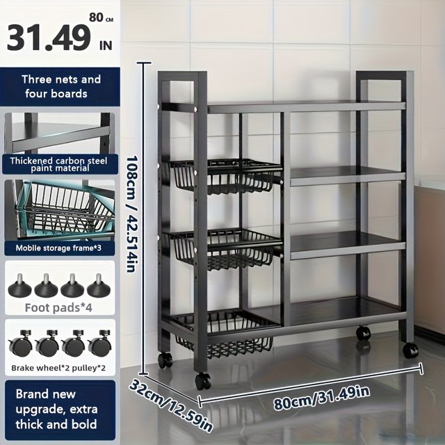 4-Tier Adjustable Storage Shelf | with 3 Wire Baskets & Wheels | for ...