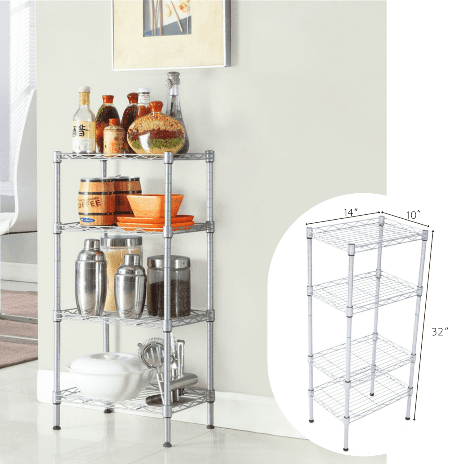 4-Tier Adjustable Storage Wire Rack Heavy Duty Carbon Steel Organizer ...