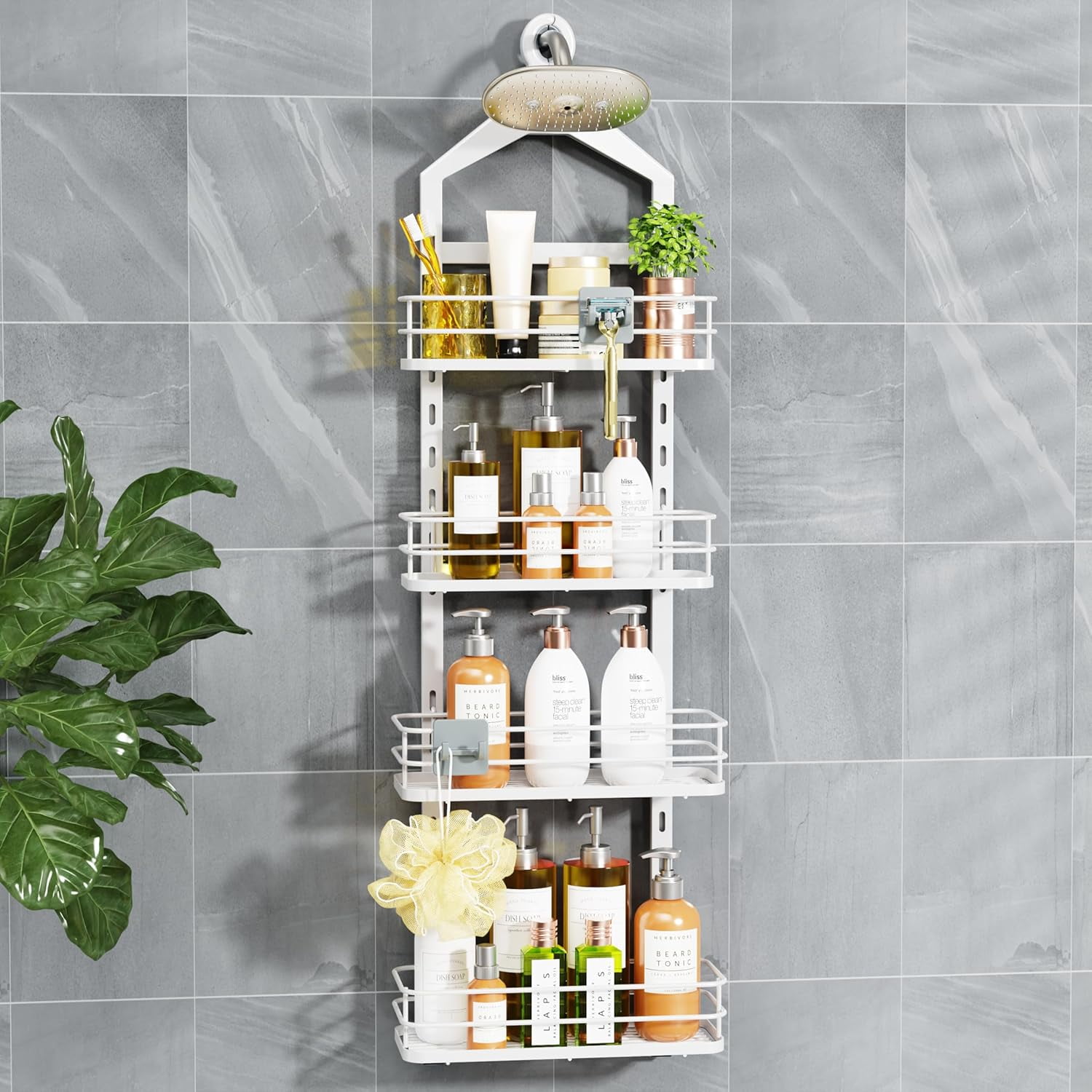 4 Tier Anti-Swing Hanging Shower Caddy Height-Adjustable Shower Caddy ...