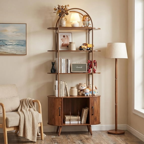 4-Tier Arched Bookcase With Storage Cabinet In Standard Brown Finish ...