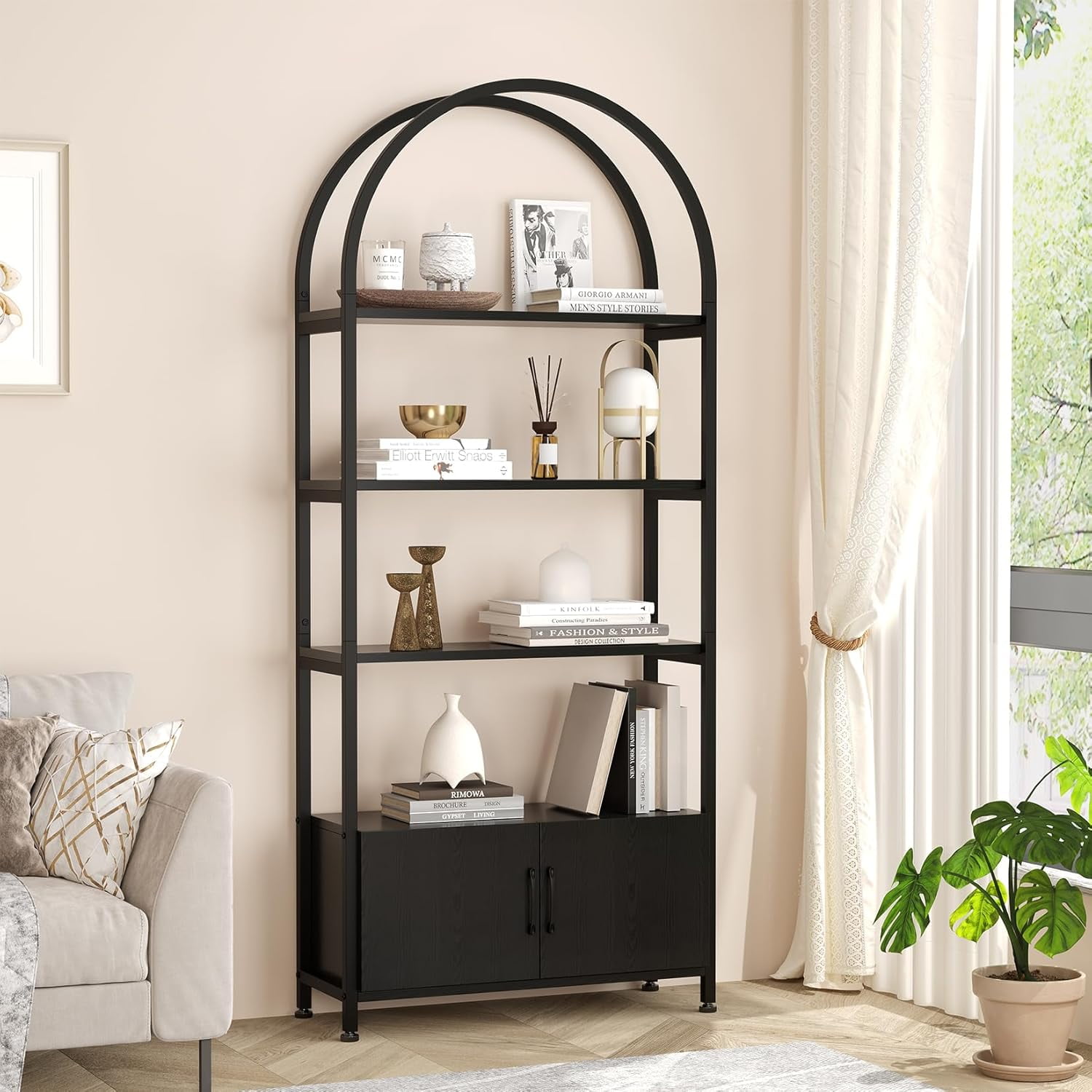 4-Tier Arched Bookshelf with Doors, 71.5" Tall Freestanding Industrial ...