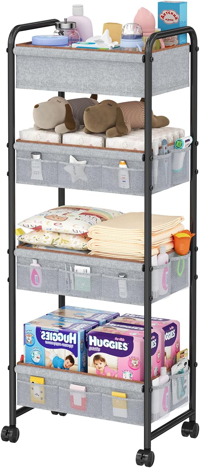 4-Tier Baby Diaper Caddy Cart Organizer,Mobile Nursery Baby Dresser ...