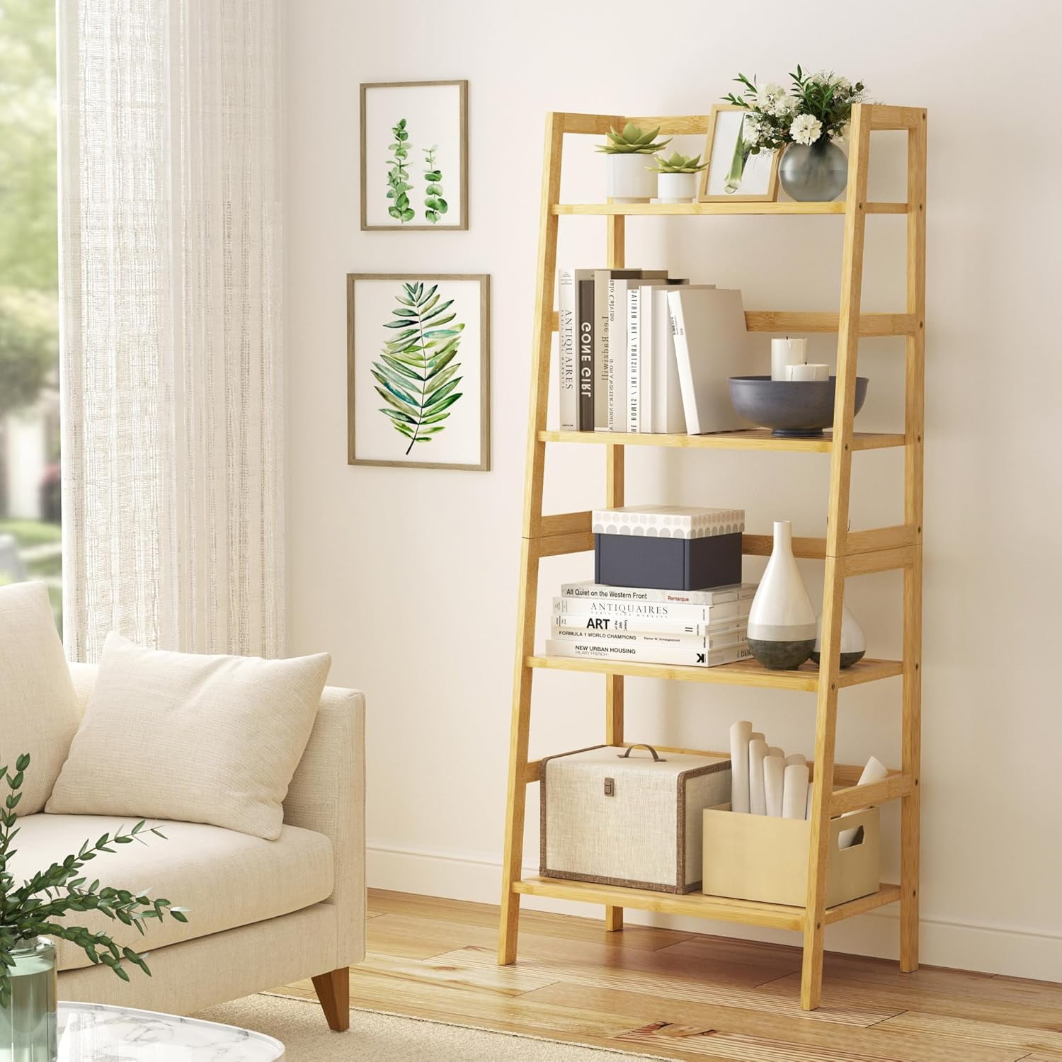 4-Tier Bamboo Bookshelf Ladder Shelf Bookcase Freestanding Storage Rack ...