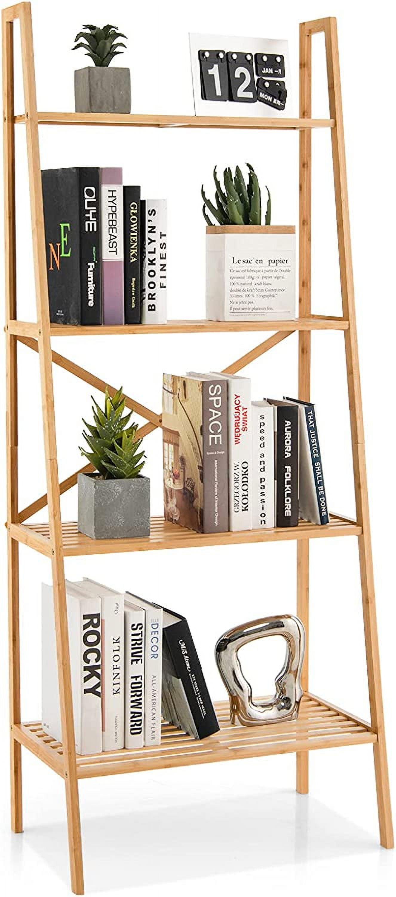 4-Tier Bamboo Bookshelf, Multifunctional Storage Display Rack Shelves ...