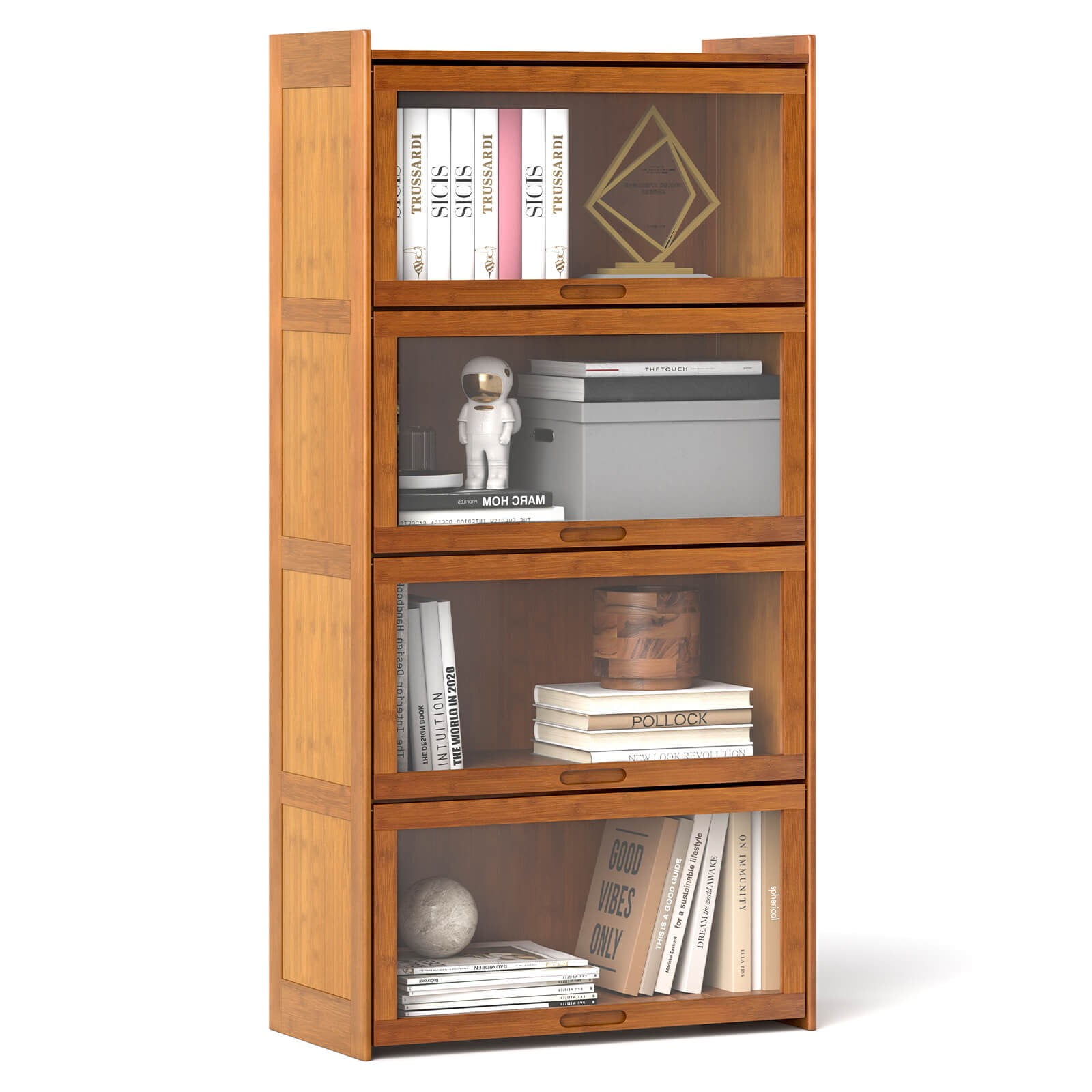4-Tier Bamboo Bookshelf w/Doors See-through Acrylic Doors Freestanding ...