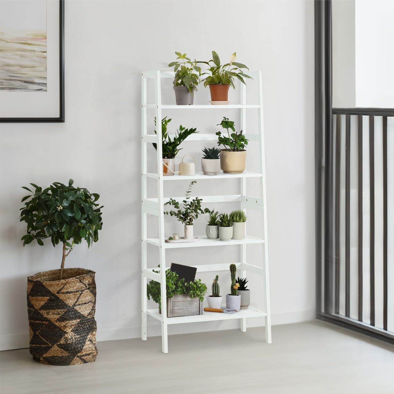 4-Tier Bamboo Ladder Shelf, Bamboo Open Storage Ladder Bookshelf ...