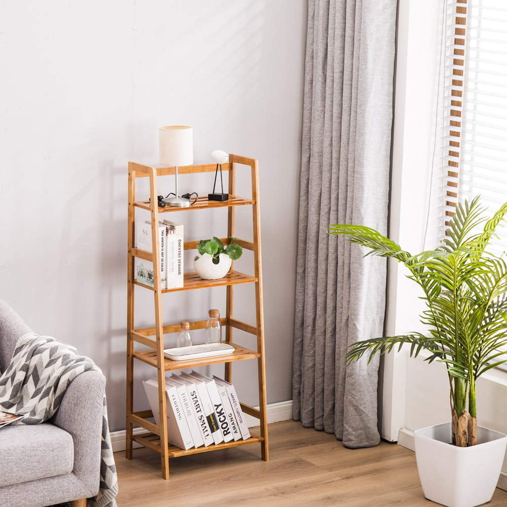 4 Tier Bamboo Ladder Shelf, Modern Ladder Bookshelf, Leaning Book ...