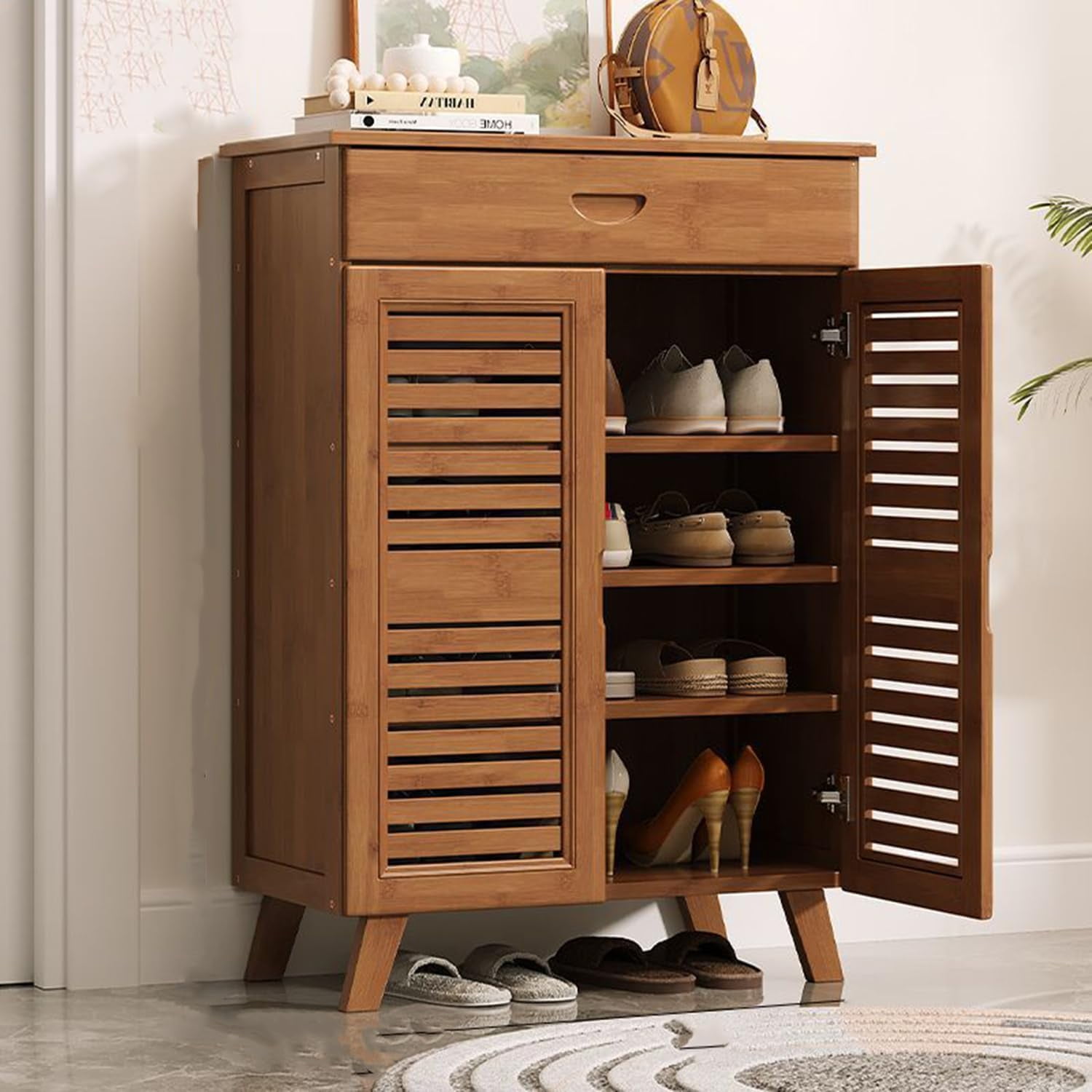 4-Tier Bamboo Shoe Cabinet, Shoe Storage Cabinet with Drawer and ...