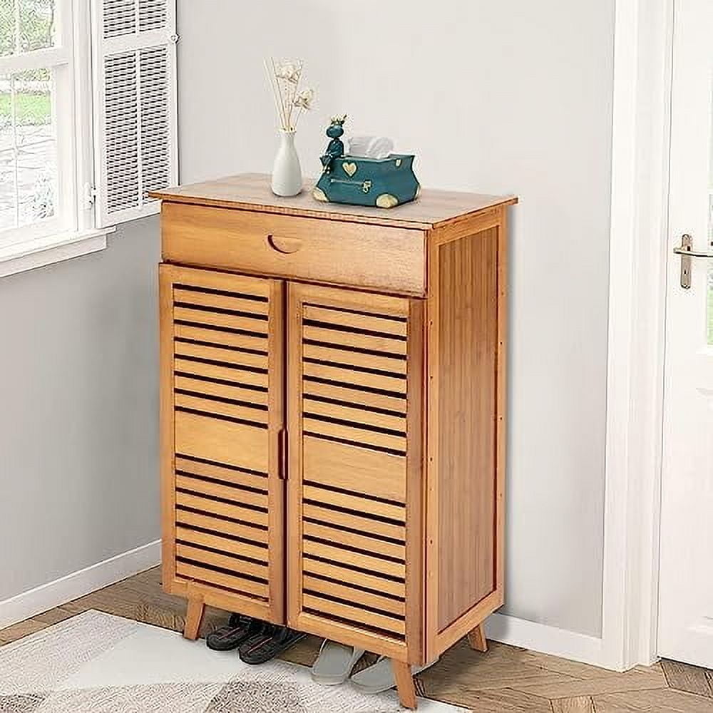 4-Tier Bamboo Shoe Rack with 1 Drawer, 2-Doors Brown Retro Simple Style ...