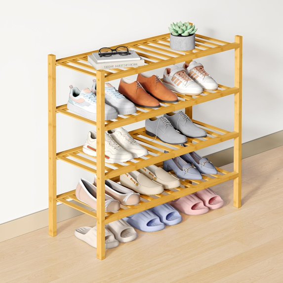4 Tier Bamboo Shoe Rack for Closet, Stackable Wooden Shoe Organizer ...