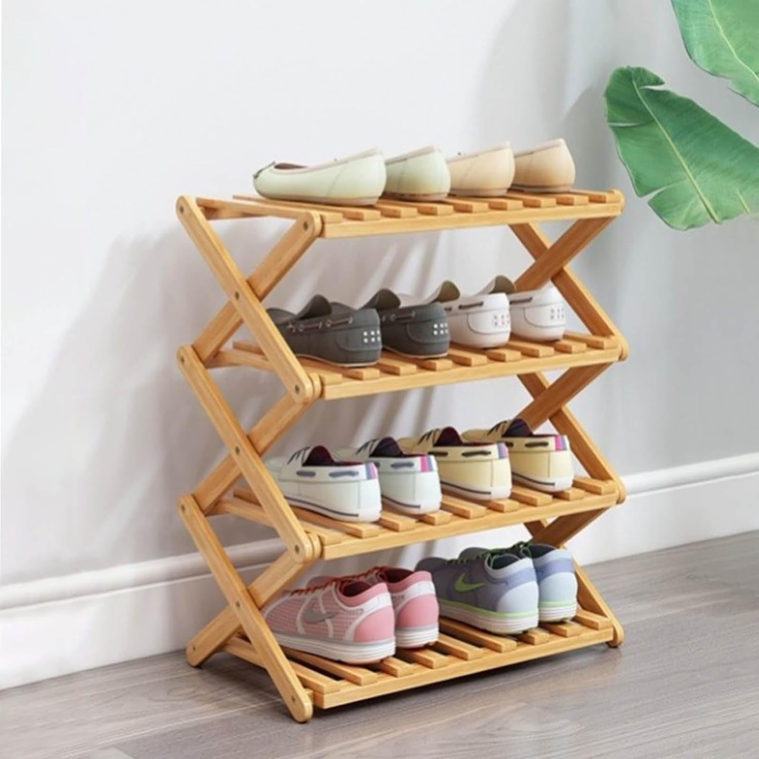 4 Tier Bamboo Shoe Rack,Portable Folding Shoe Storage Rack,Without ...