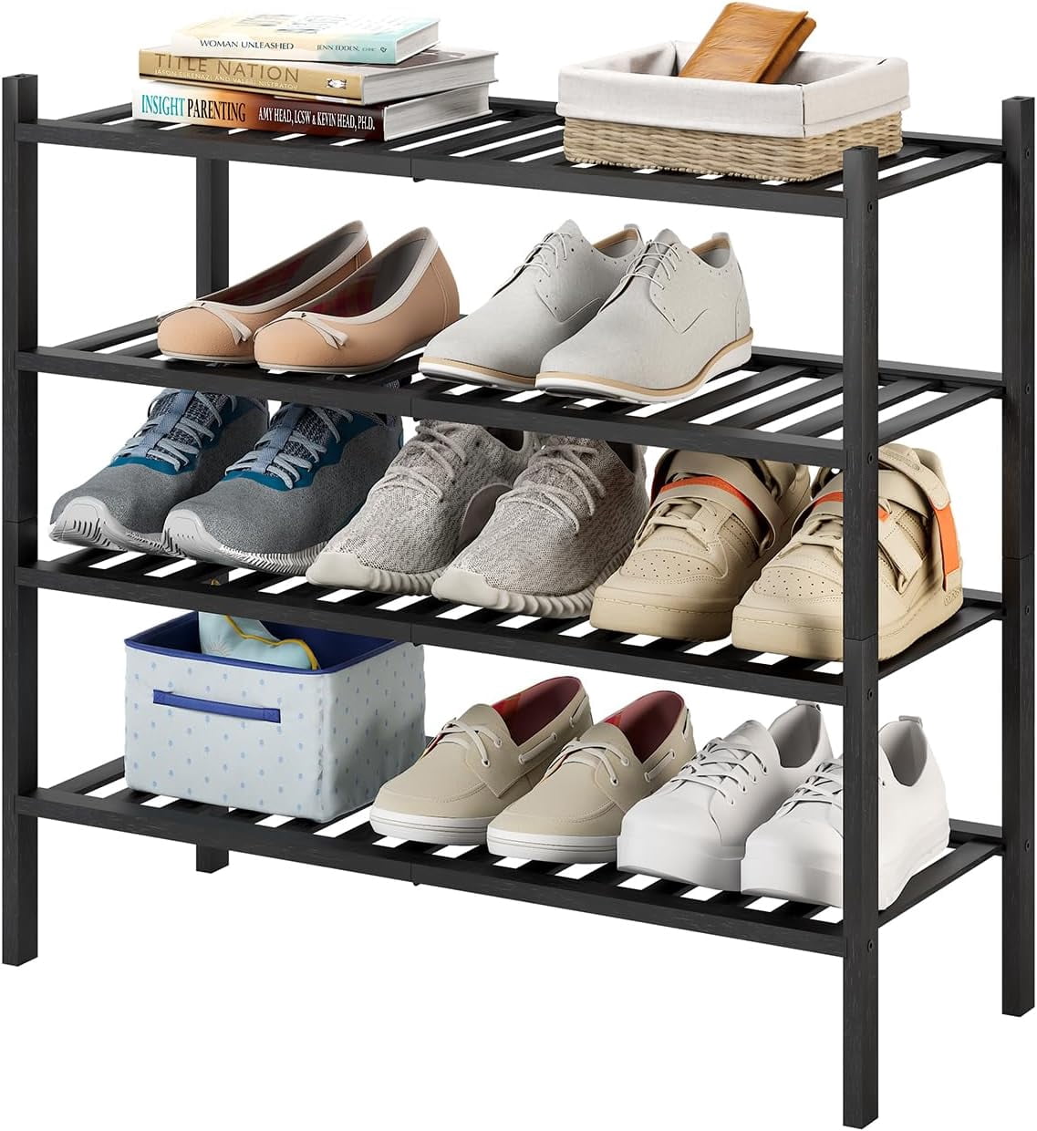 4-Tier Bamboo Shoe Rack Stackable Free Standing for Entryway Bedroom ...