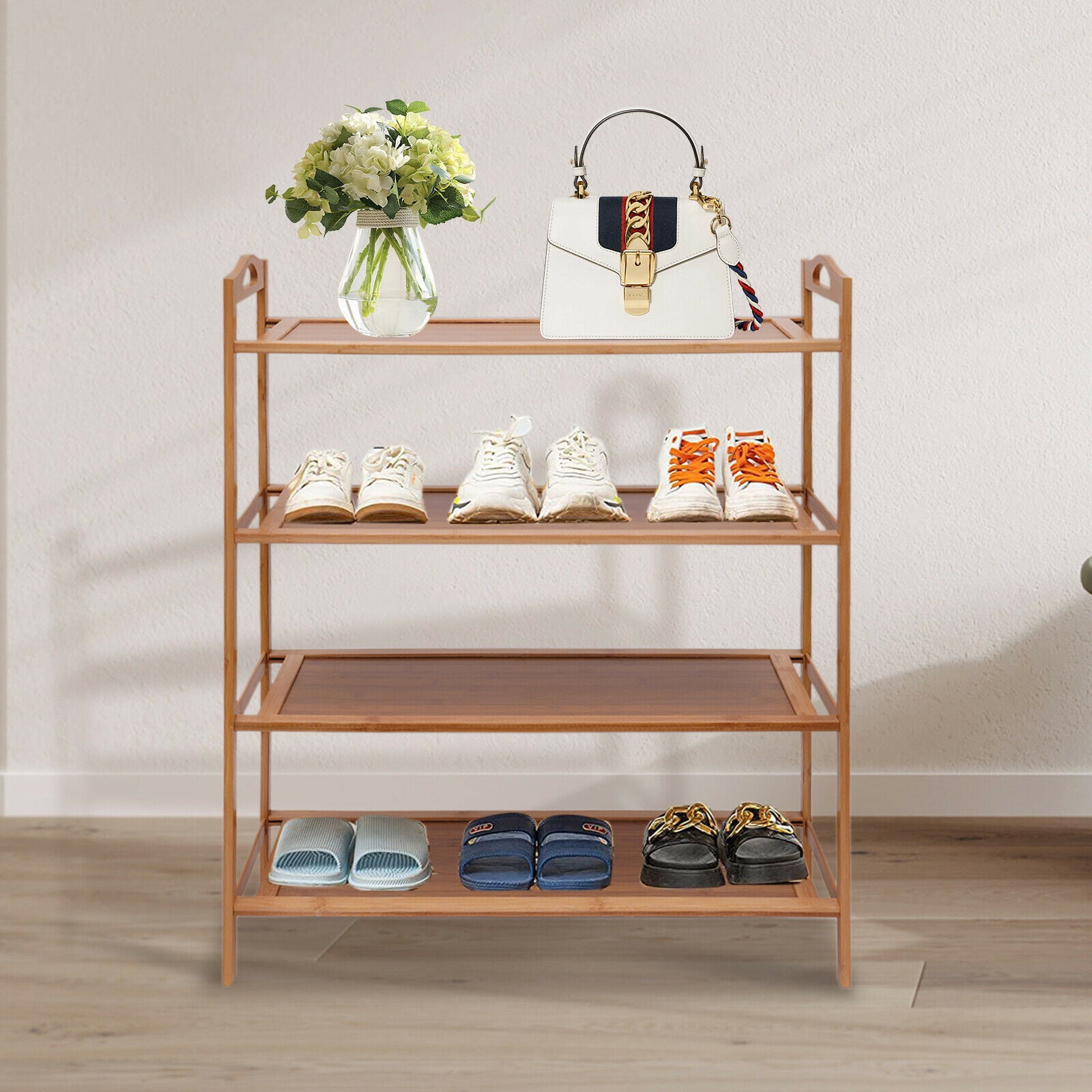 4 Tier Bamboo Shoe Shelf Wood Entryway Storage Rack Balcony Shoe ...
