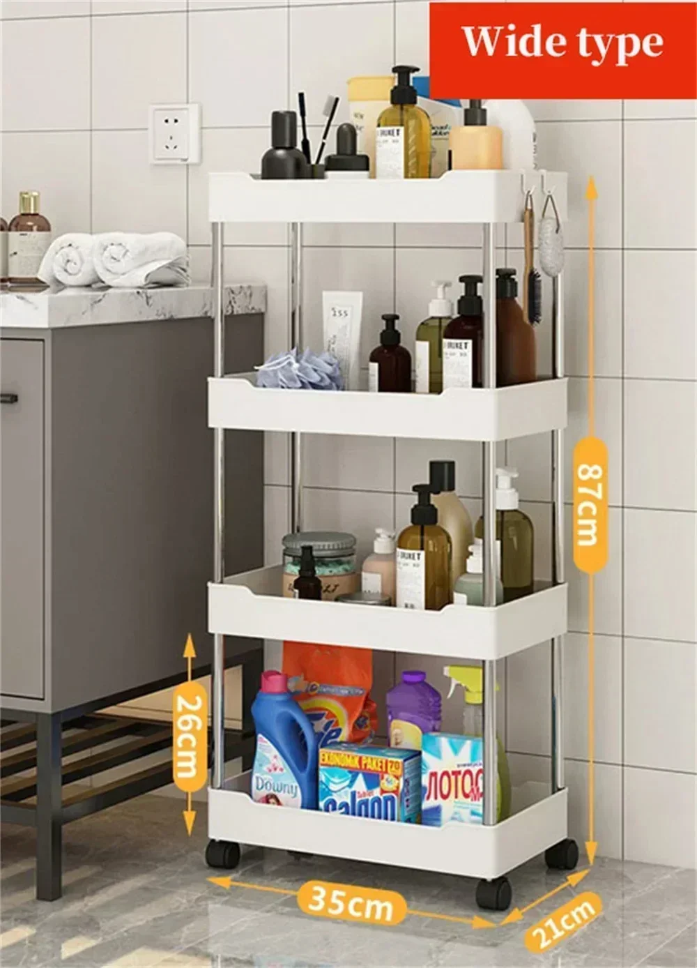 4 Tier Bathroom Shelf Movable Gap Trolley Slim Shampoo Rack with Wheels ...