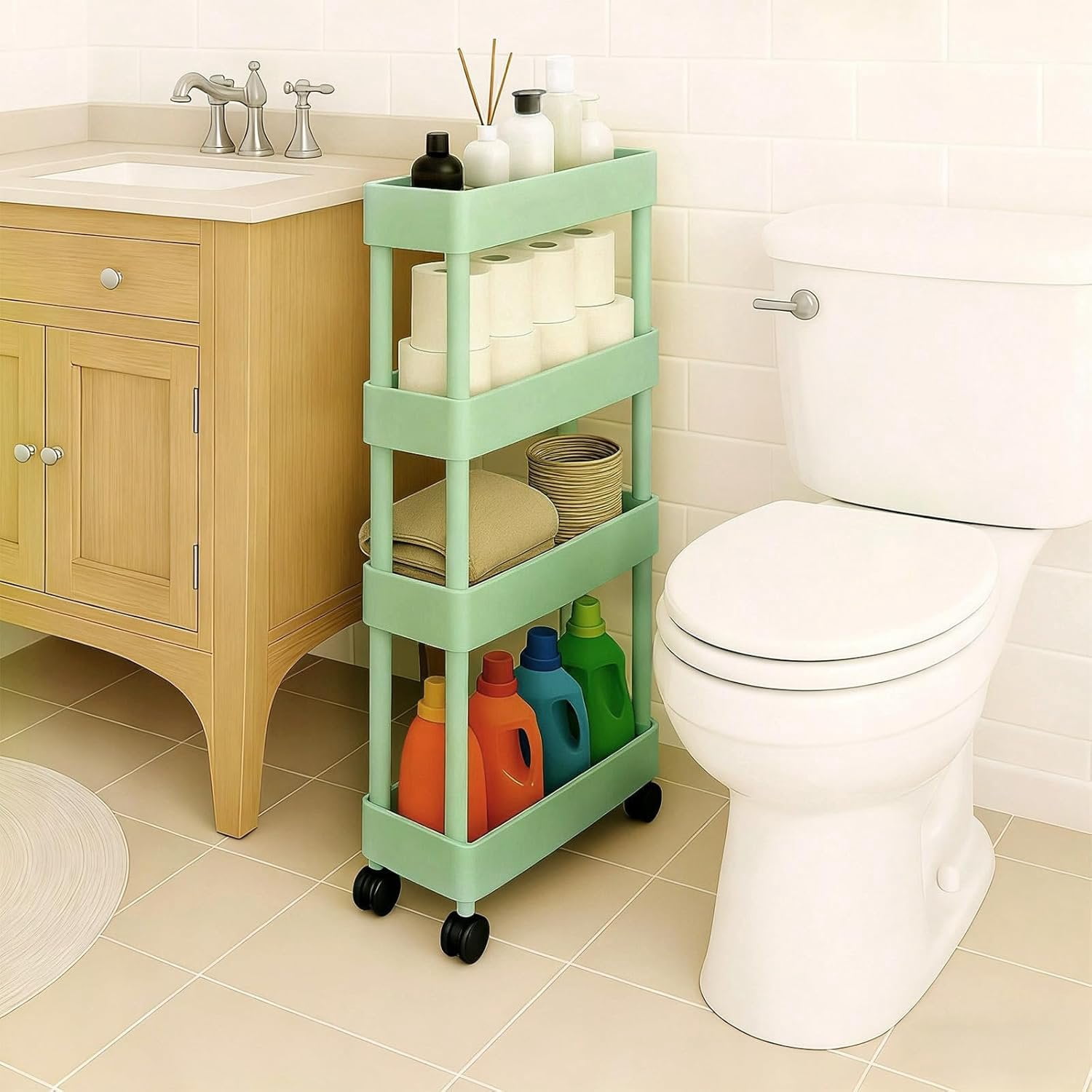 4 Tier Bathroom Storage Organizer, Slim Rolling Storage Cart for Narrow ...