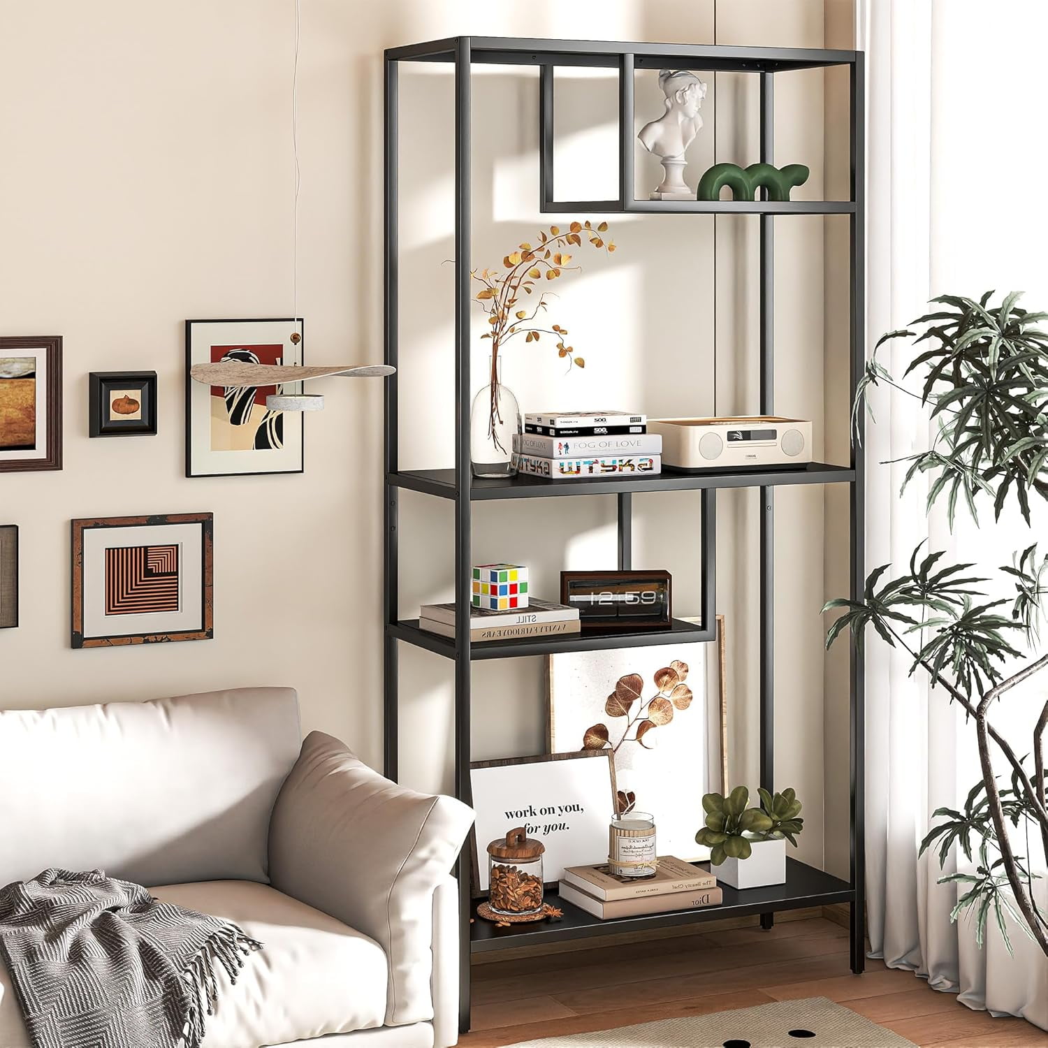 4 Tier Black Metal Bookshelf,Industrial Bookshelf with Sturdy Steel ...