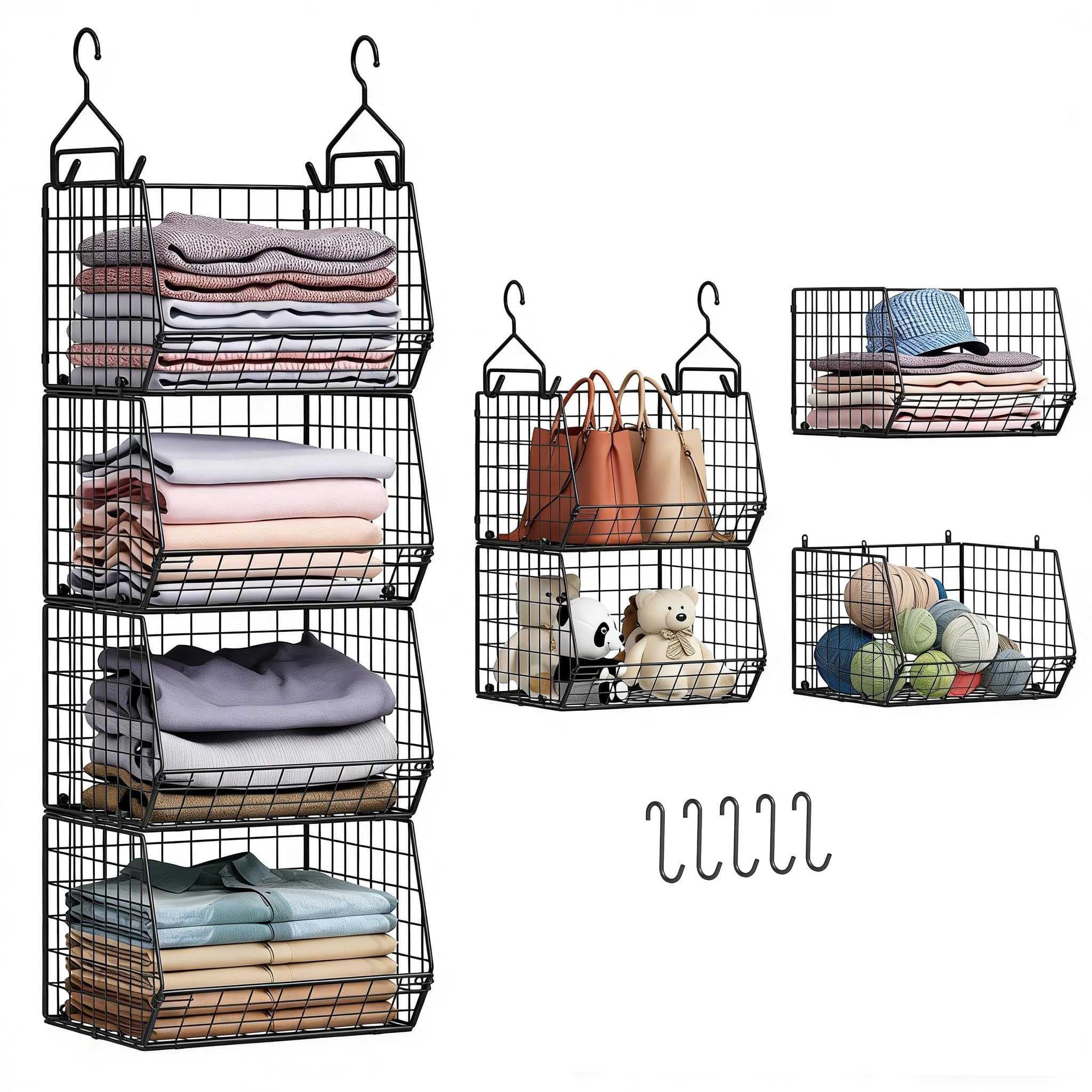 4 Tier Black Metal Closet Hanging Organizer With Storage Shelves and ...