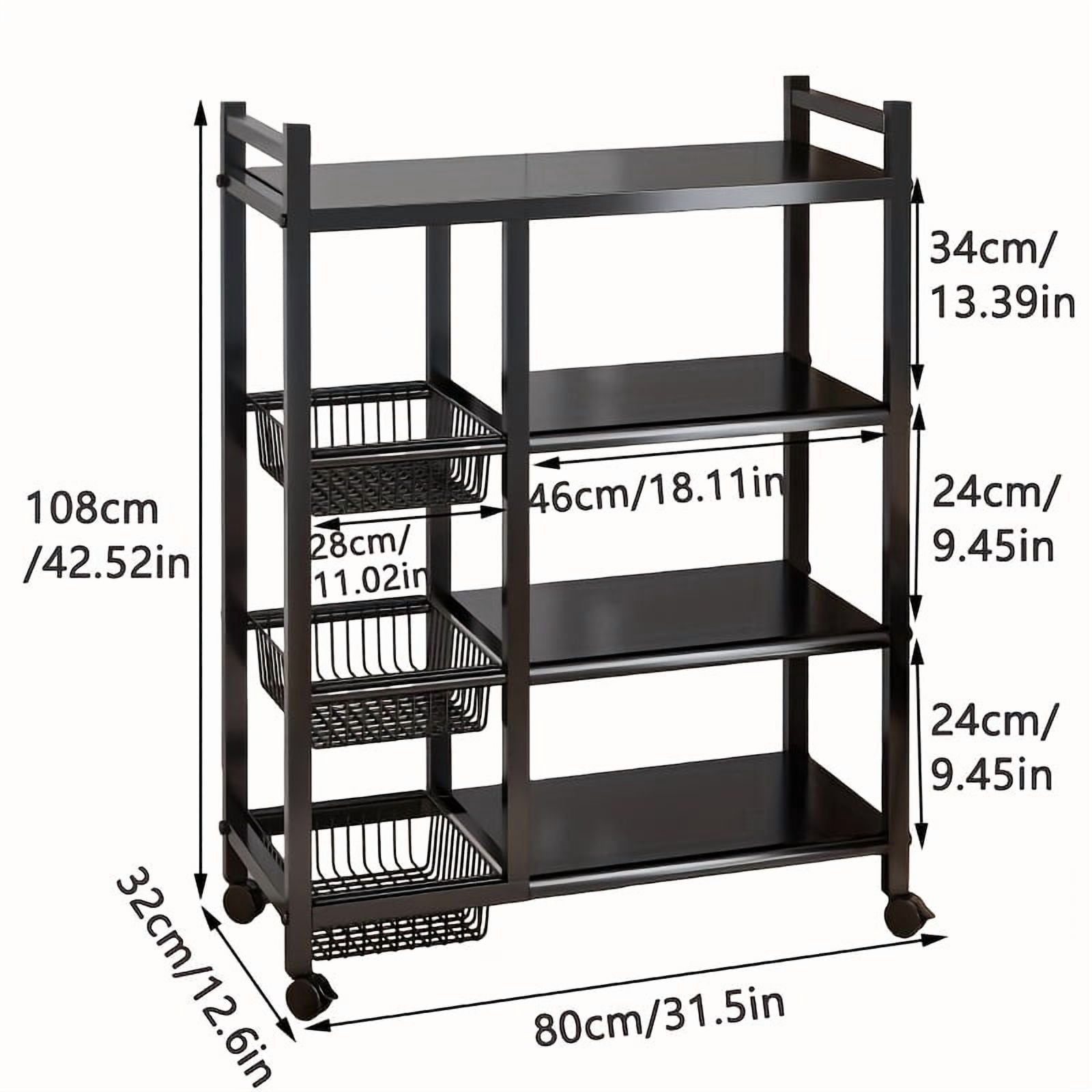 4-Tier Black Metal Kitchen Storage Rack with Wheels, Movable Vegetable ...