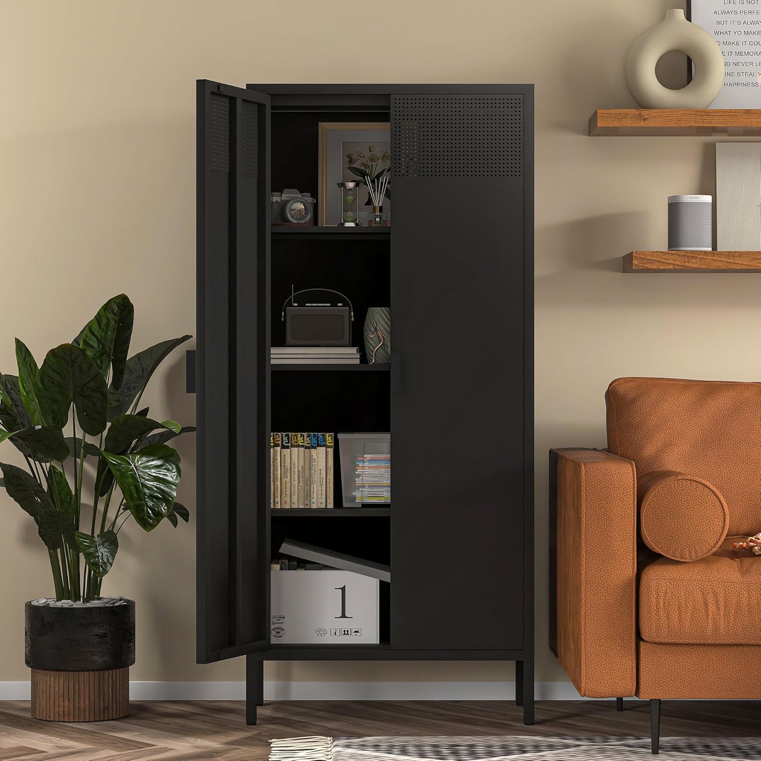 4 Tier Black Metal Storage Cabinet, Free Standing with 2 Doors, 3 ...