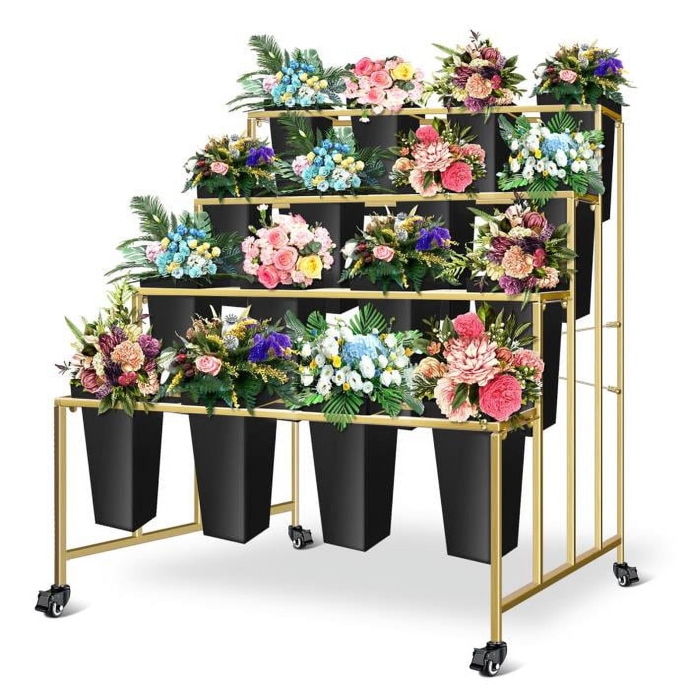 4-Tier Black Powder-Coated Metal Flower Rack with 16 Buckets – Elegant ...