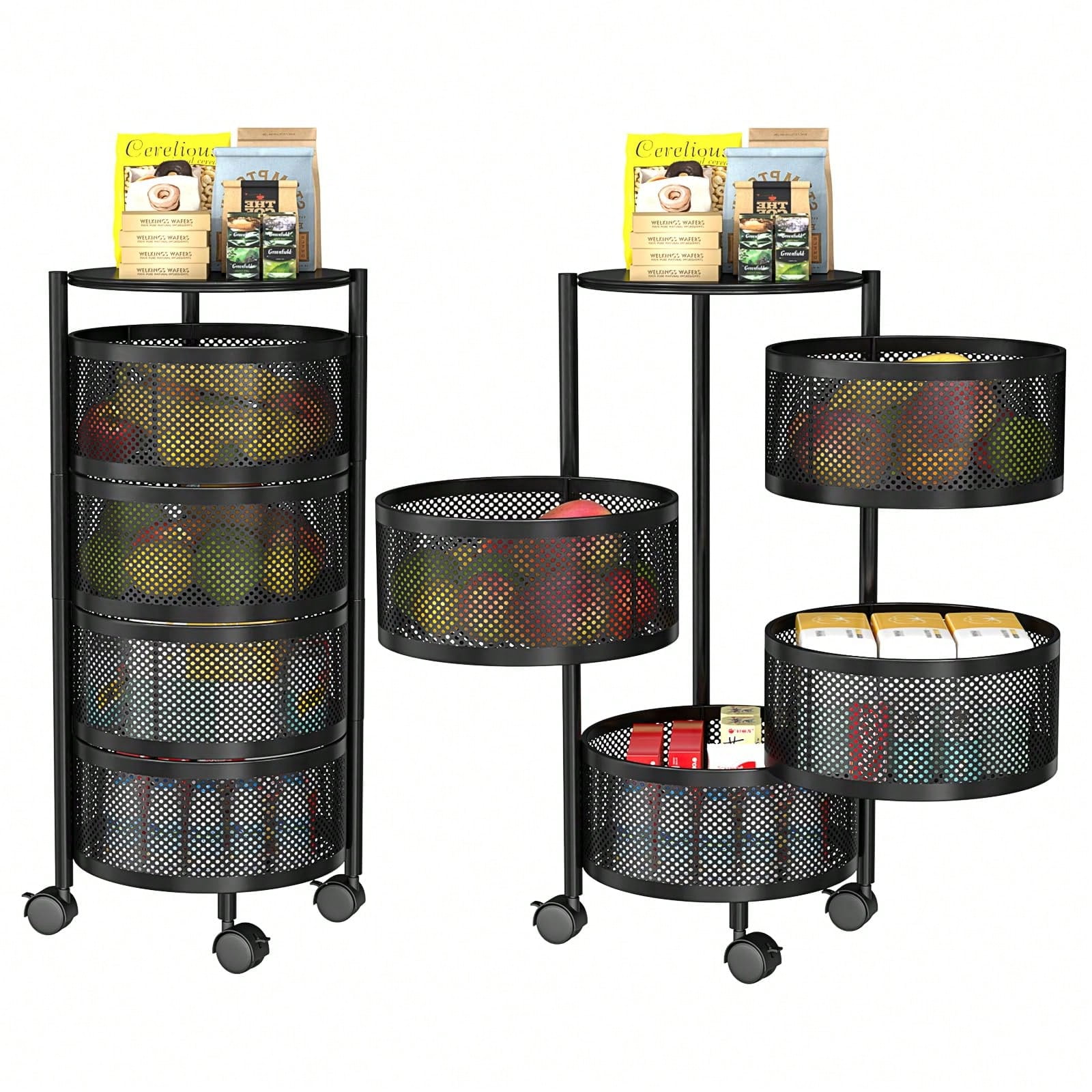 (4 Tier, Black) Rotating Storage Shelf With Wheels - Organizer For ...