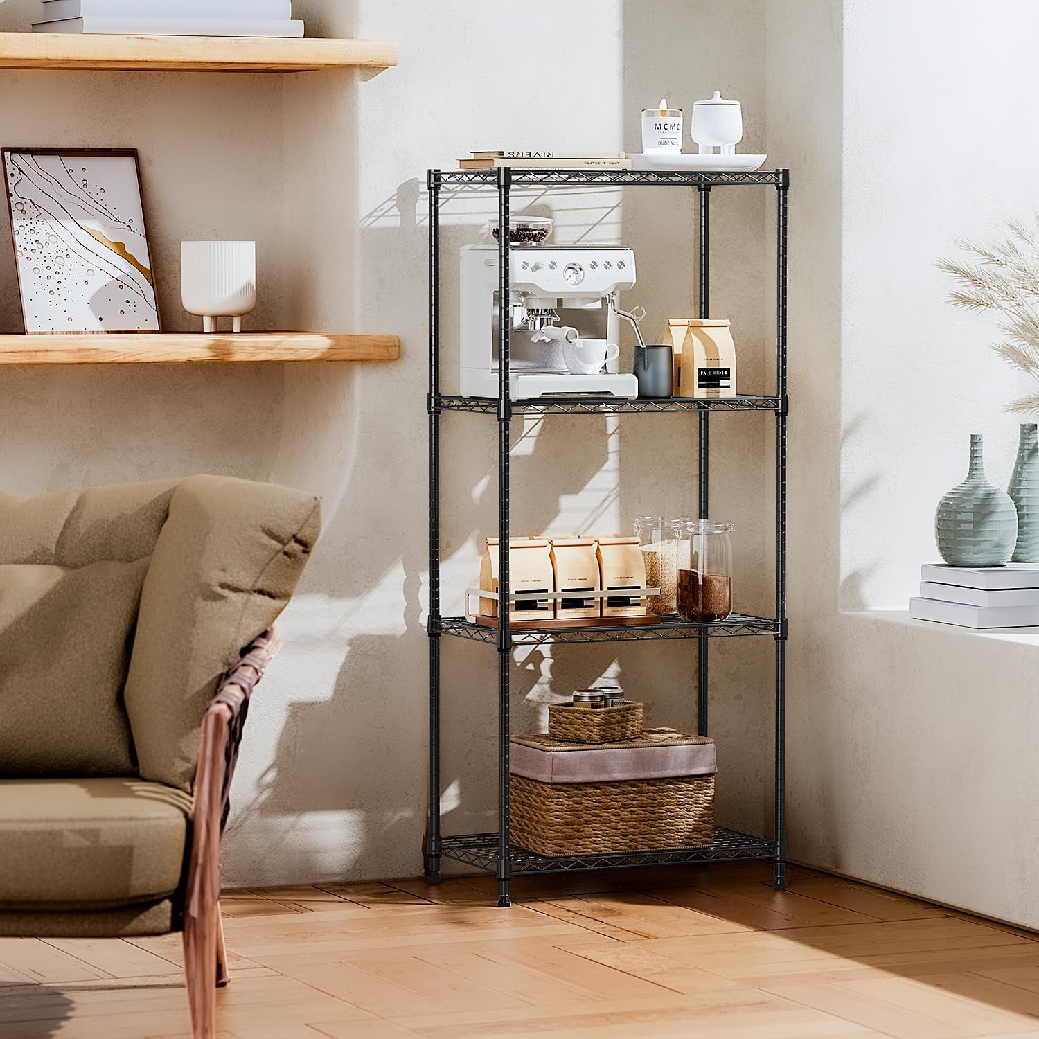 4-Tier Black Steel Storage Shelves, Heavy Duty Wire Organizer for ...